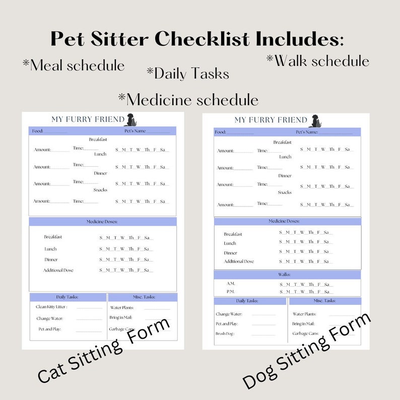 Pet Sitting Printable Checklist Bundle With Bonus Vacation Checklist ...