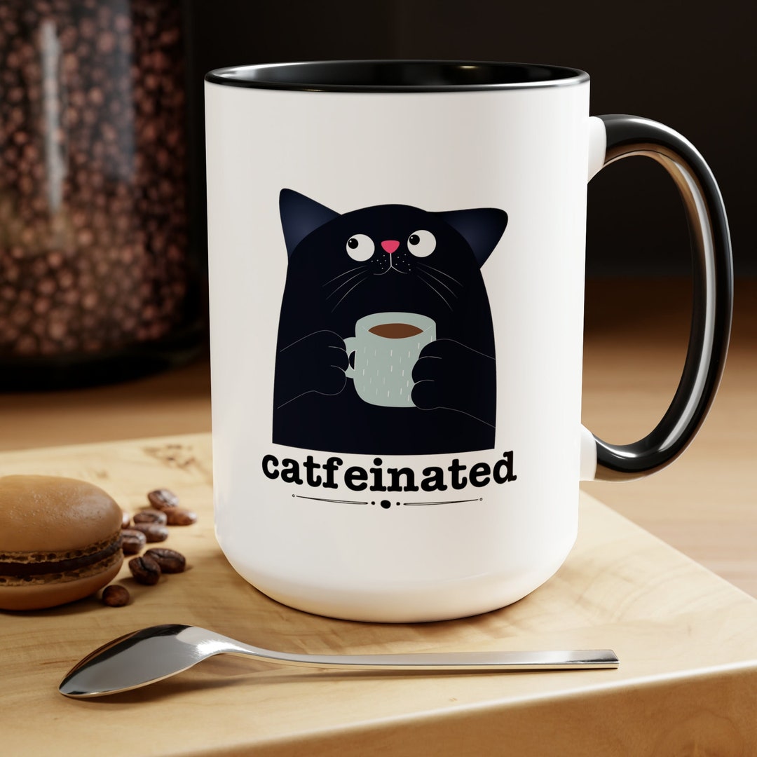 Funny Black Cat Coffee Mug, Catfeinated Black Cat Mug With Two-tone ...
