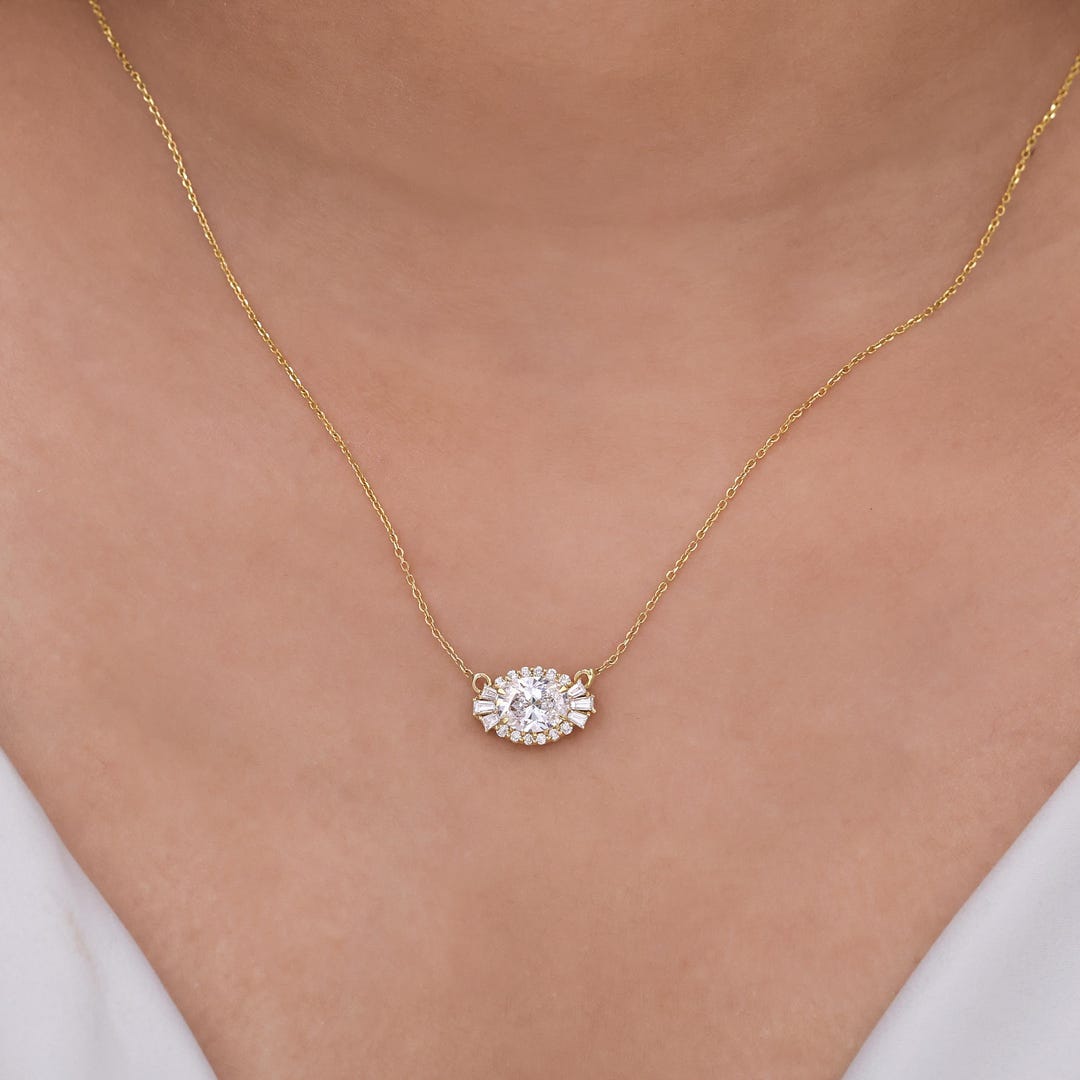 Oval Lab Grown Diamond Necklace, Art Deco Necklace, 14K Gold Pendant ...