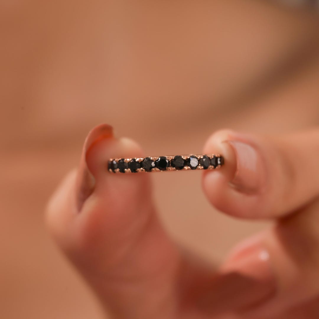 14K Solid Gold Eternity Ring, Black Diamond Ring, Stackable Ring for Women, Black Eternity Ring ...
