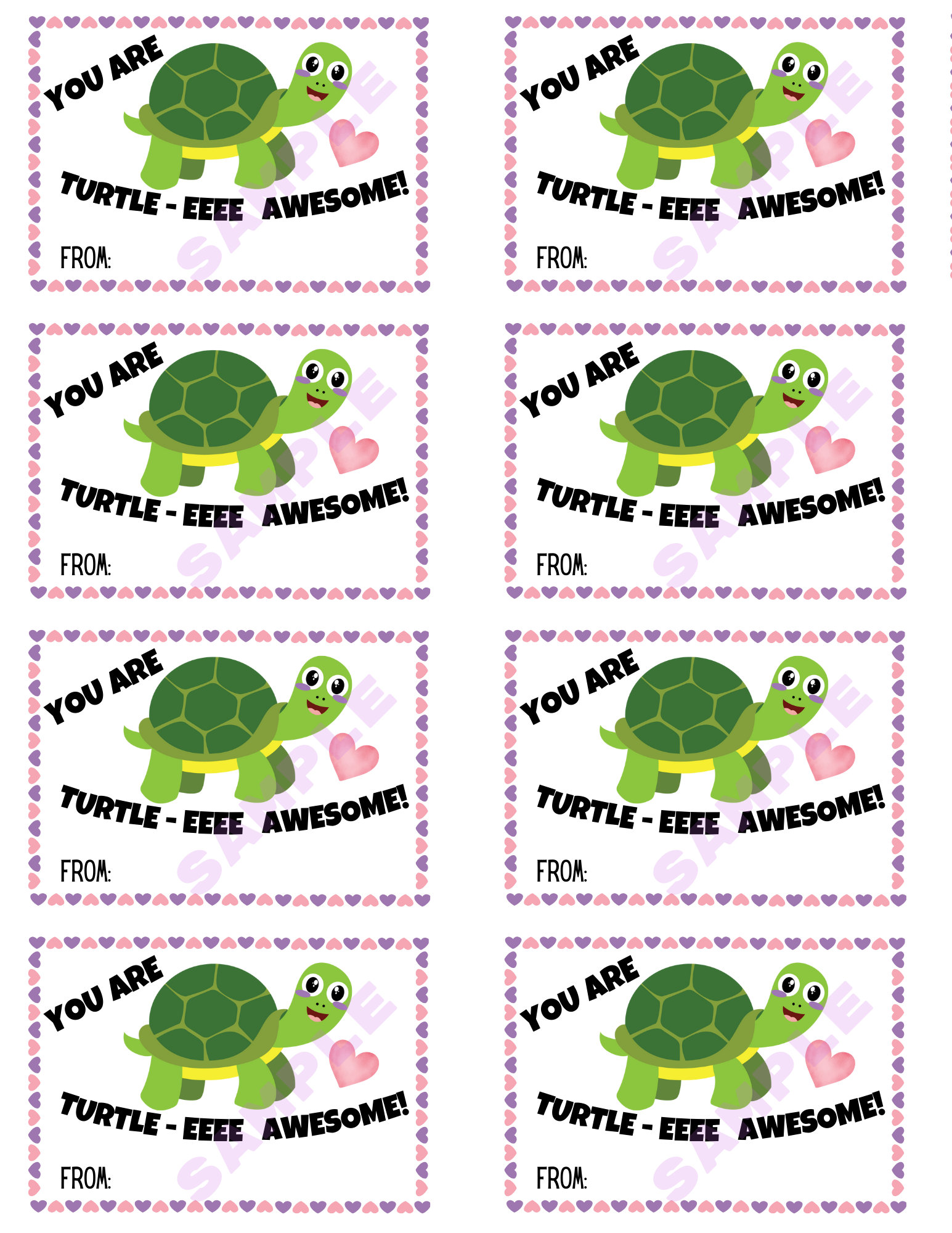 Turtle Valentines, Digital Printable Valentines for Kids, School ...