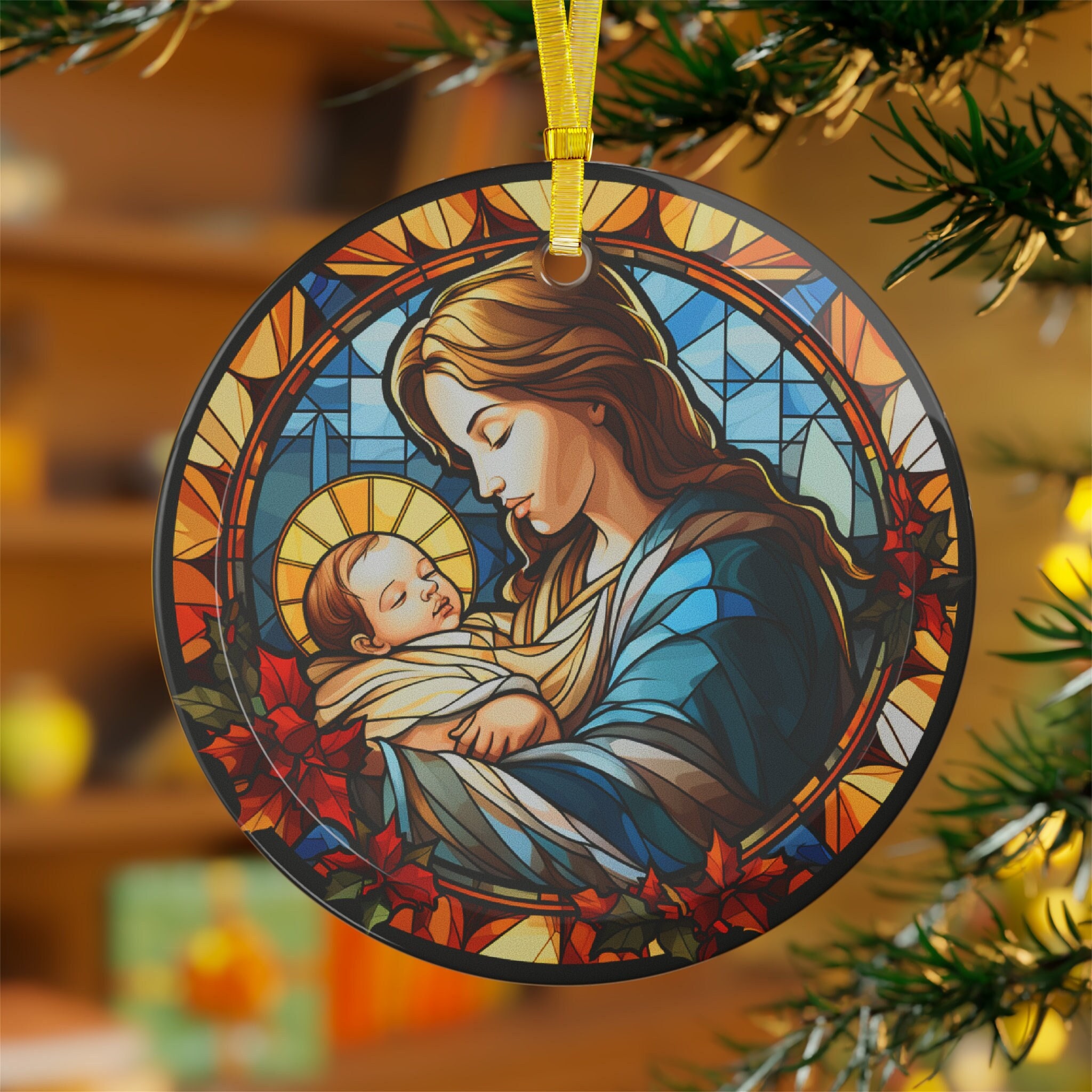 Stained Glass Effect of Baby Jesus Holiday Glass Ornaments, Religious ...