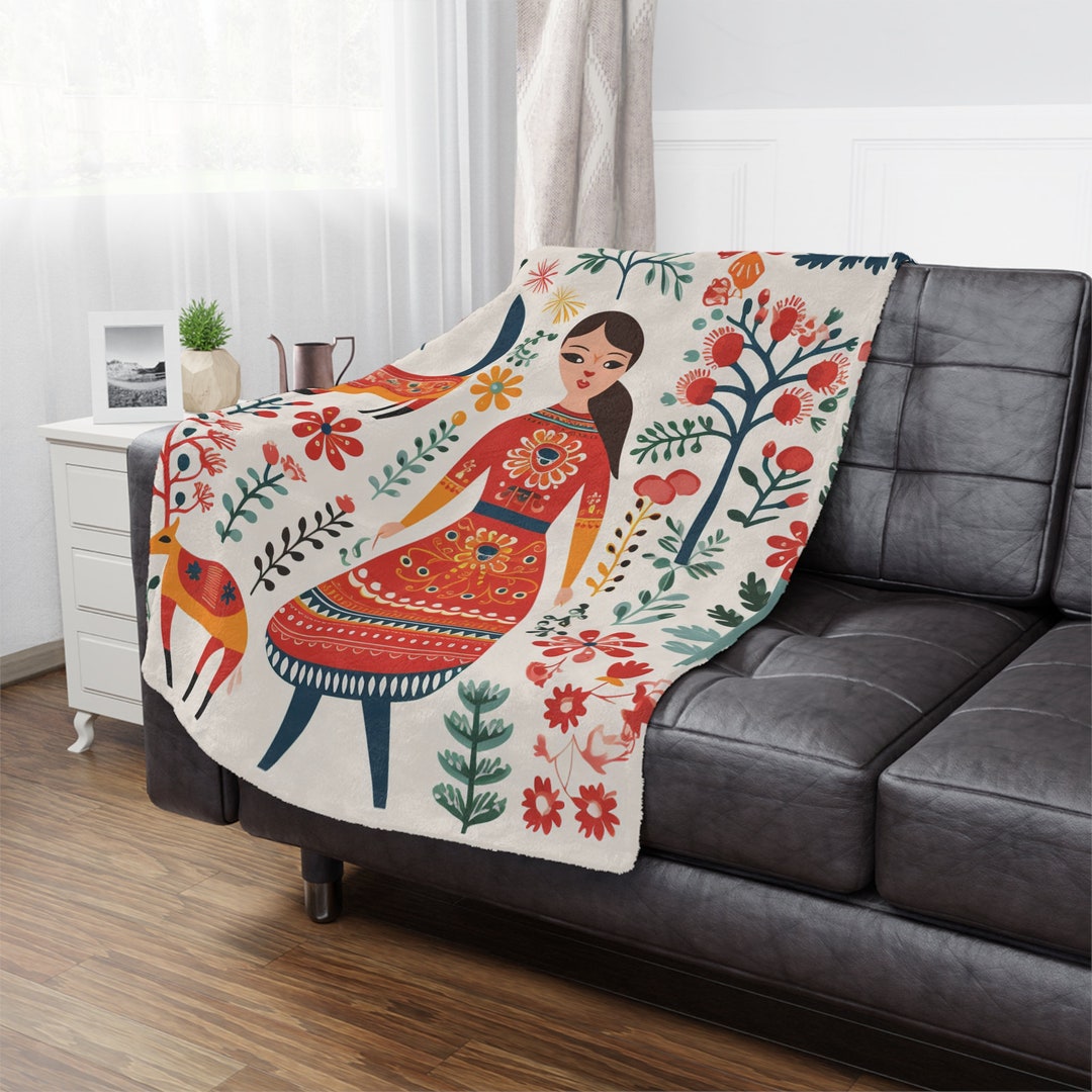 Scandinavian Winter Minky Blanket, Bold Nordic Folk Art Print on a Soft ...