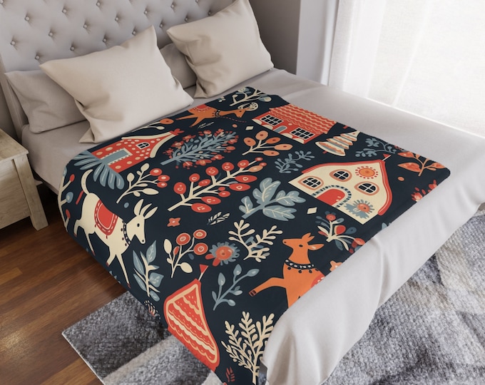 Nordic Folk Art Minky Blanket, Soft Fleece, Scandinavian Design, Winter ...