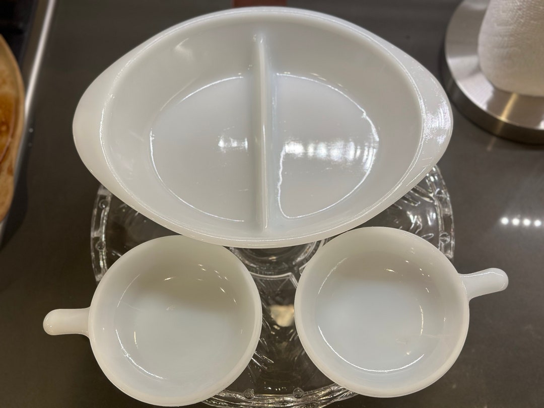 Glasbake Milk Glass Divided Dish & Bowls - Etsy