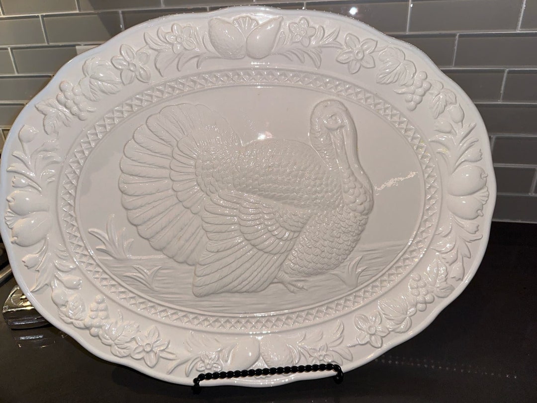 Vintage 18 Inch Ivory Ceramic Turkey Platter Flowers Fruit Border- Made ...