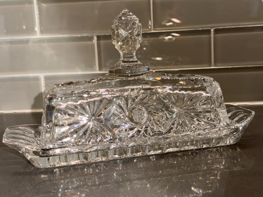 Vintage Hand Cut Crystal ELEANOR Covered Butter Dish Pinwheel Diamond ...