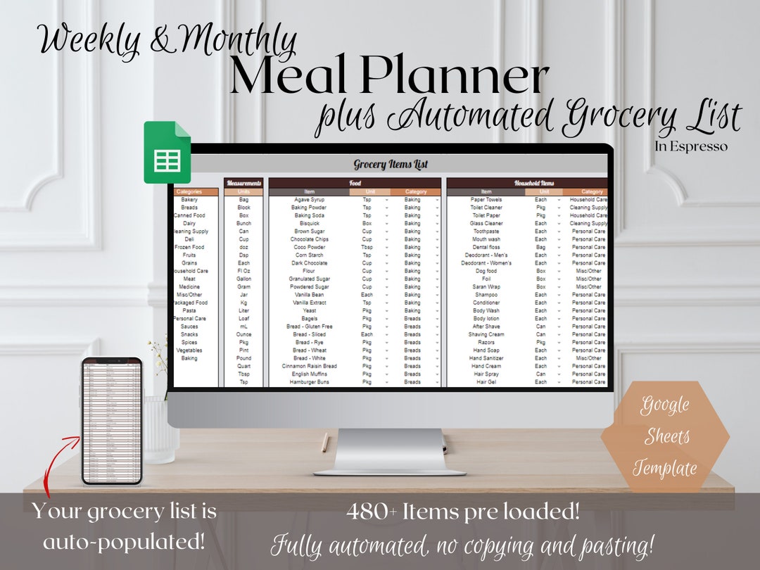 Weekly Meal Planner: Automated Grocery List, Google Sheets (digital ...