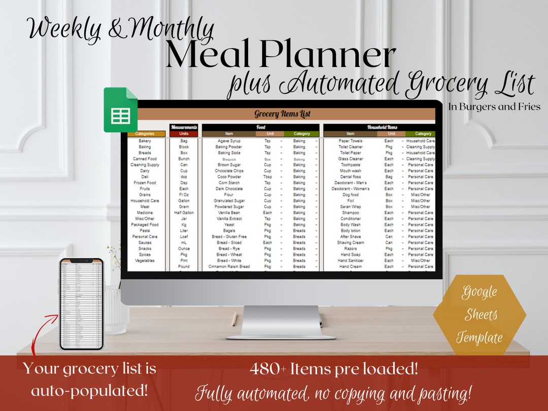 Automated Weekly Meal Planner: Google Sheets Grocery List (digital ...