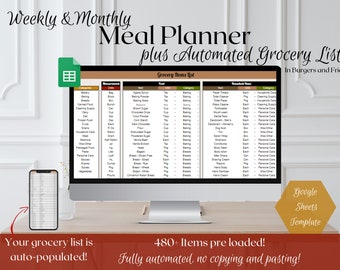 Meal Planner and Grocery List Google Sheets Digital Template Food Prep ...