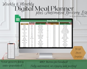 Meal Planner and Grocery List Google Sheets Digital Template Food Prep ...