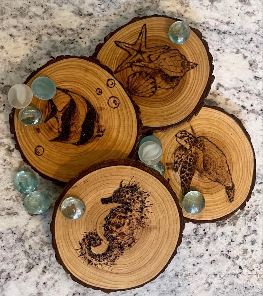 Set of 4 Live Edge Wood Hand Burned Sea Life Coasters - Etsy