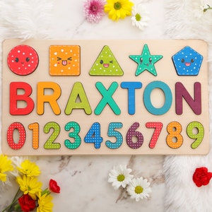 Wooden Personalized Name Puzzle With Shapes and Numbers Busy - Etsy