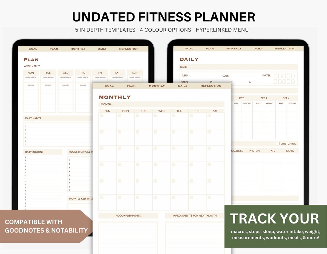 Fitness Planner - Digital Workout Split, Meal Plan Tracker, Wellness ...