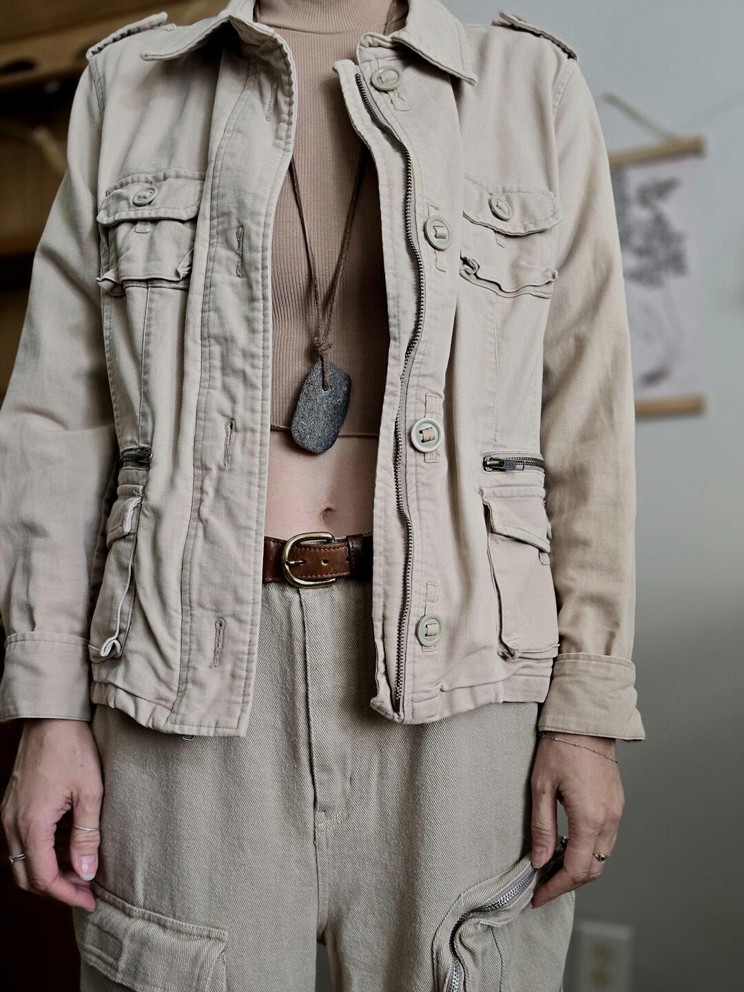 Zippered Beige Cargo Jacket With 6 Pockets Great for Fall Vintage S | M ...