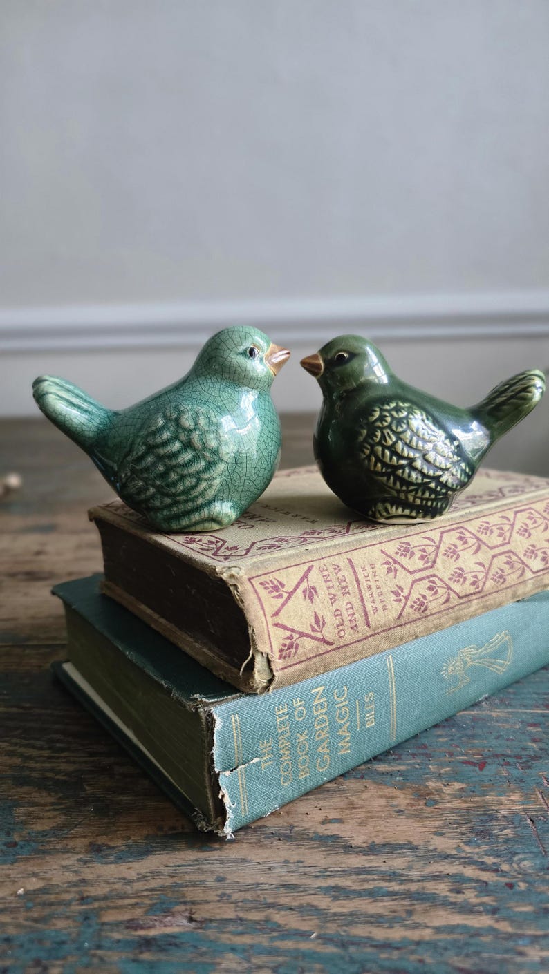 A Pair of Vintage Glazed Green Teal Ceramic Birds Figurines With ...