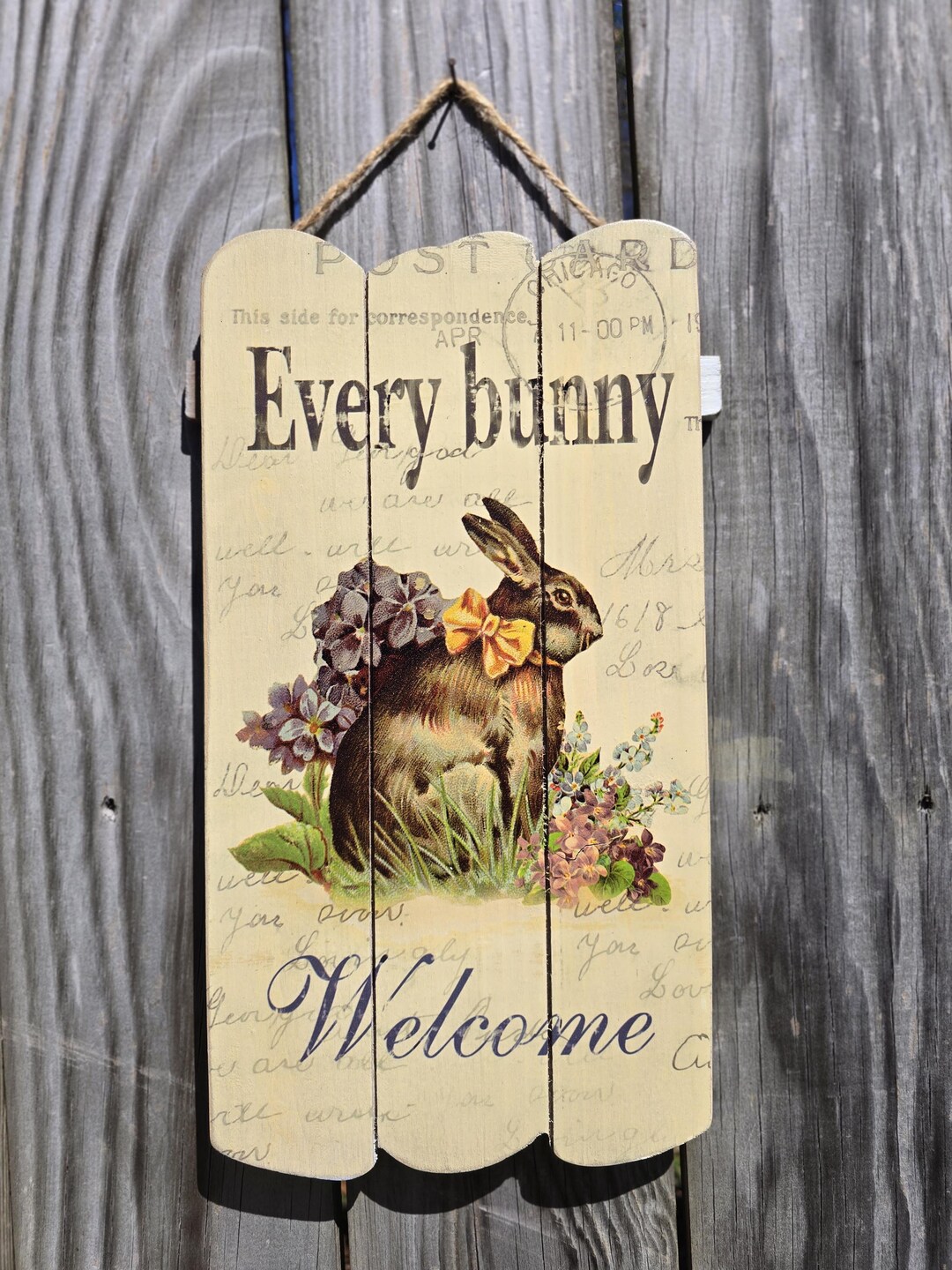 Easter Every Bunny Welcome Sign Rabbit Hanging Door Plaque on a Jute ...