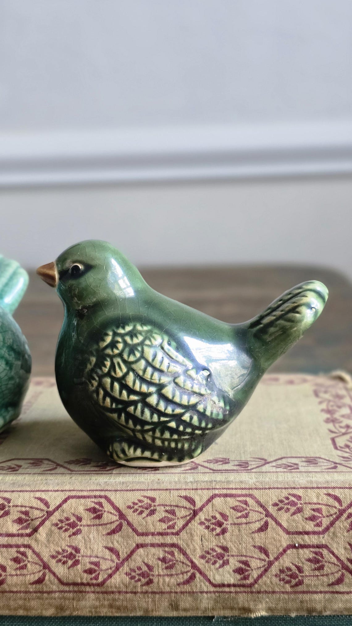 A Pair of Vintage Glazed Green Teal Ceramic Birds Figurines With ...