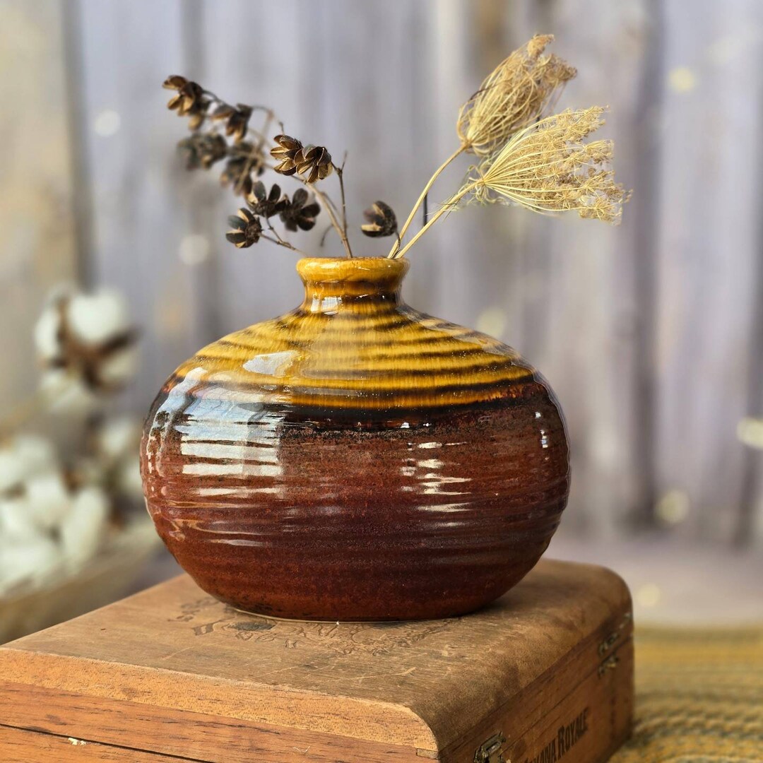 Handmade Ribbed Pottery Brown Vase, Vintage Round Flat Narrow - Etsy