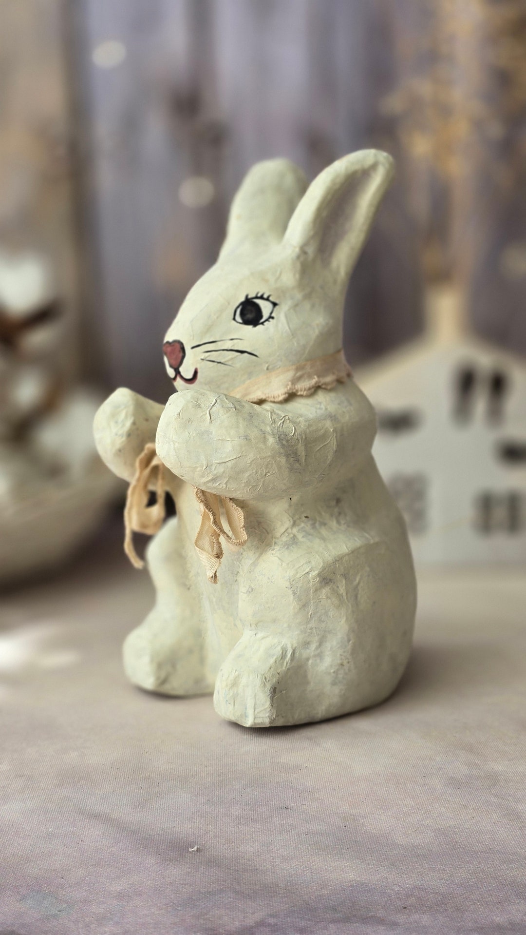 White Paper Mache Rabbit Bunny Figurine Vintage Shabby Chic Rustic ...