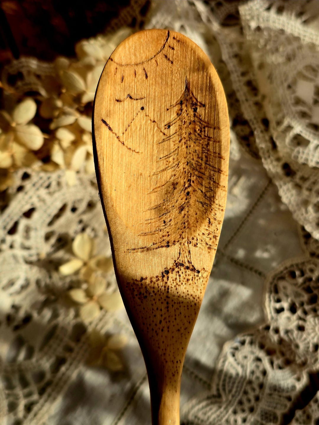 Wooden Spoon – Hand-burned Pine Tree & Sun Design – Fairy Folk Magic ...