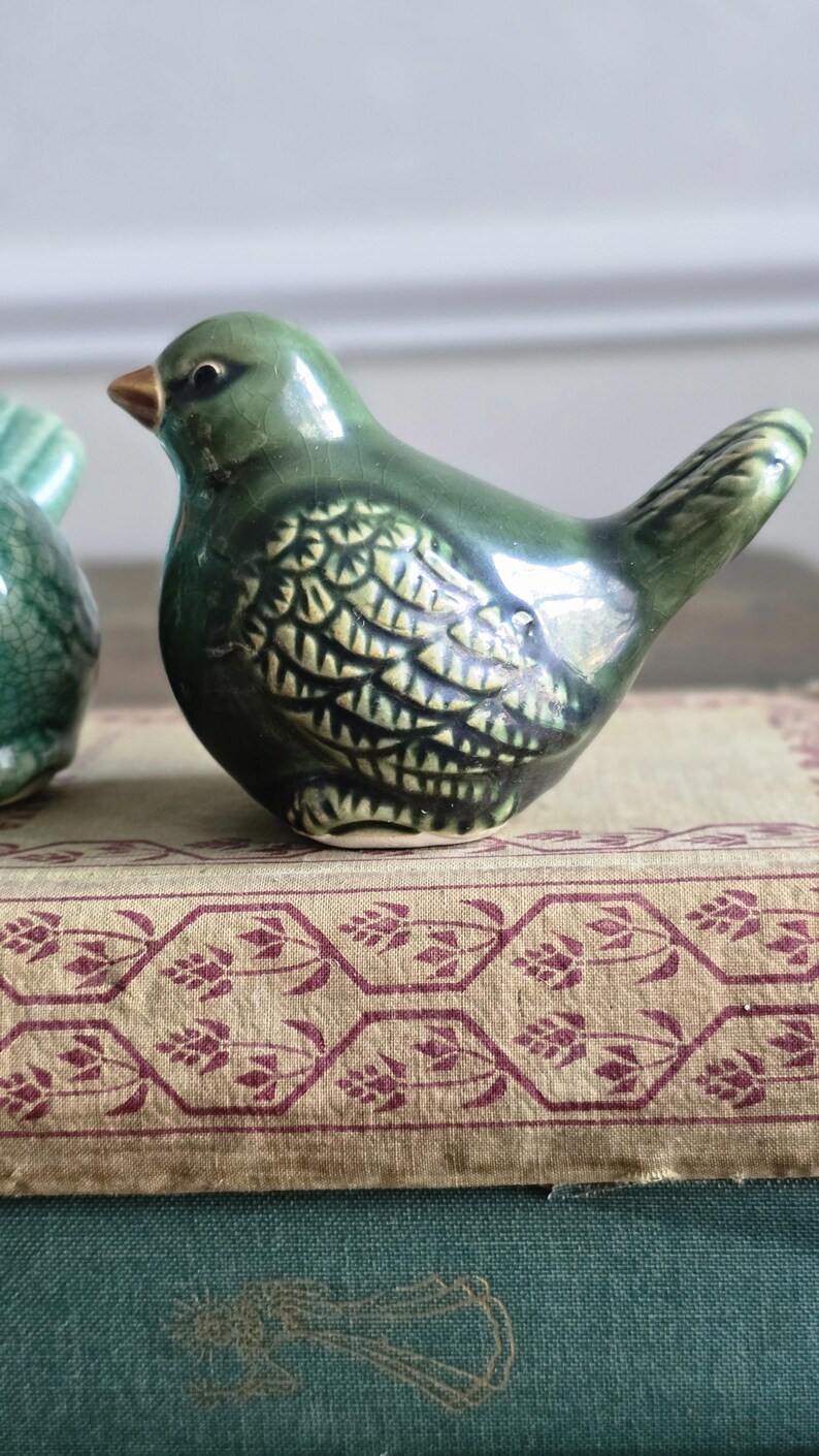 A Pair of Vintage Glazed Green Teal Ceramic Birds Figurines With ...