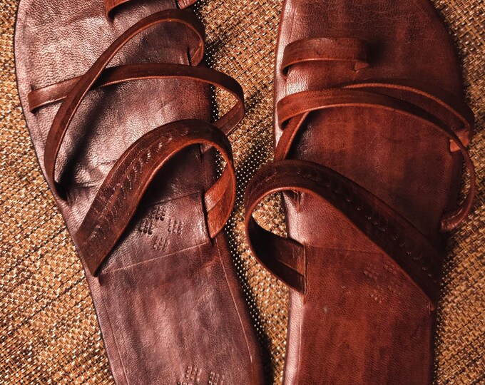 African Handmade Leather Sandals Brown Summer Slides Flip Flops Straps ...