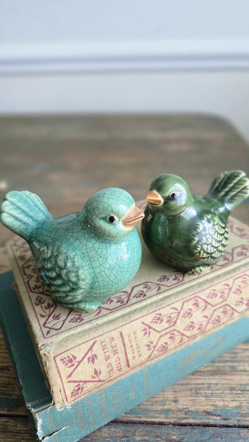 A Pair of Vintage Glazed Green Teal Ceramic Birds Figurines With ...