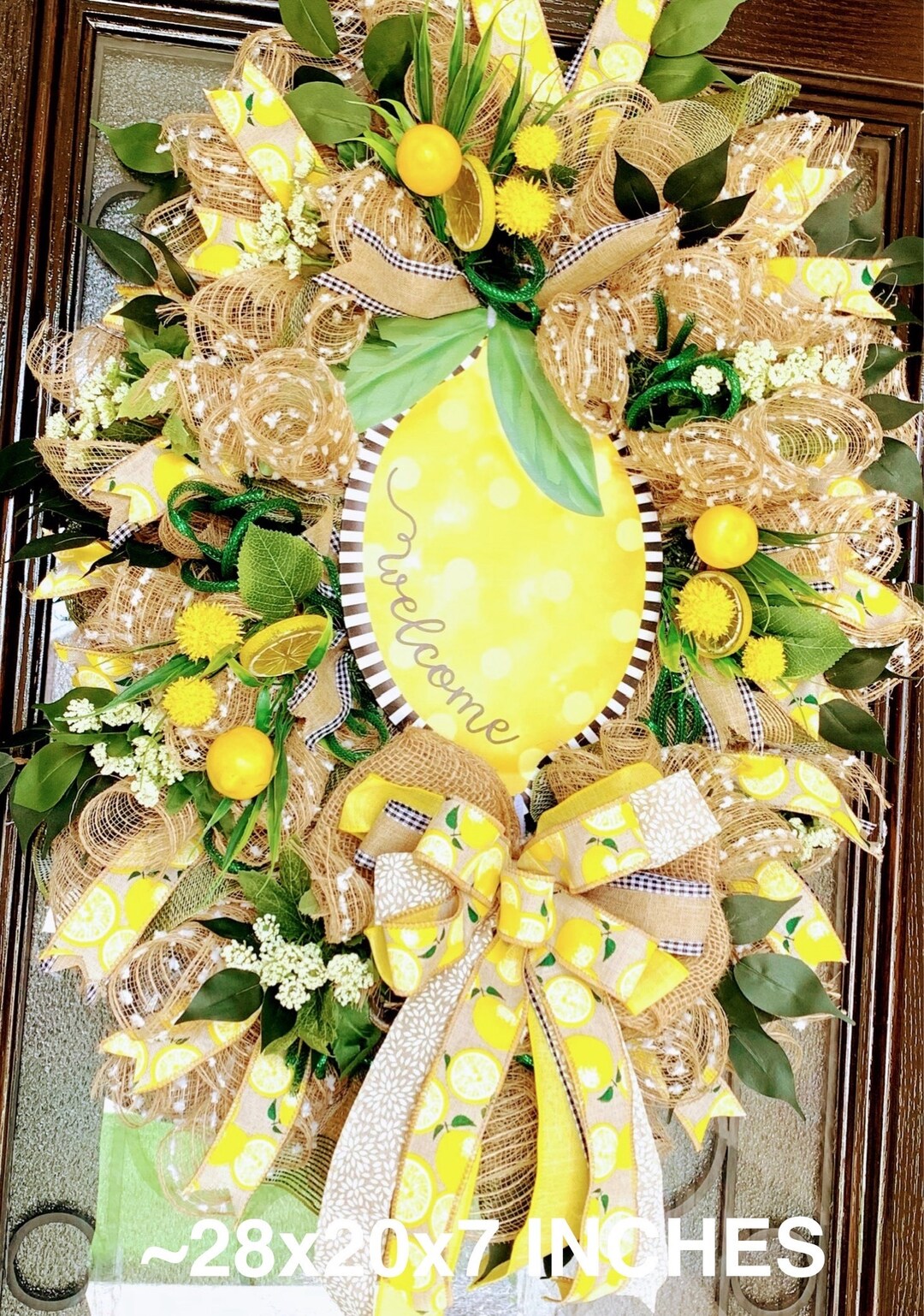 28 in Long LEMON WREATH WELCOME Sign With Mesh Lemons Greenery Bow and ...