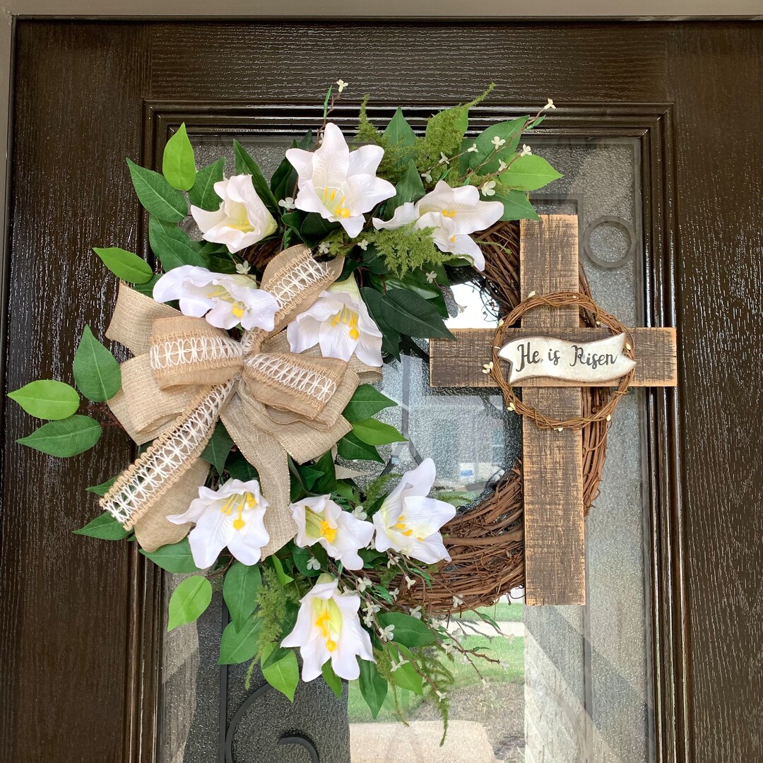 EASTER CROSS LILY Grapevine Wreath He is Risen With Greenery and Bow for Front Door 18 Inch Base ...