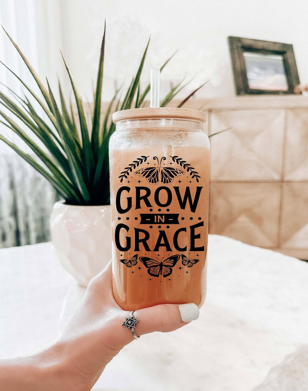 Grow in Grace Iced Coffee Glass Cup With Lid and Straw Praying Mom Gift ...