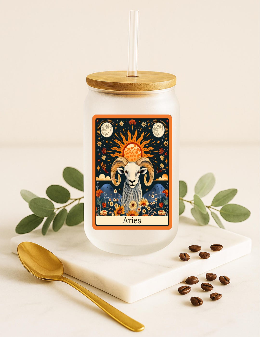 Zodiac Frosted Glass Cup With Bamboo Lid & Straw | Astrology Reusable ...