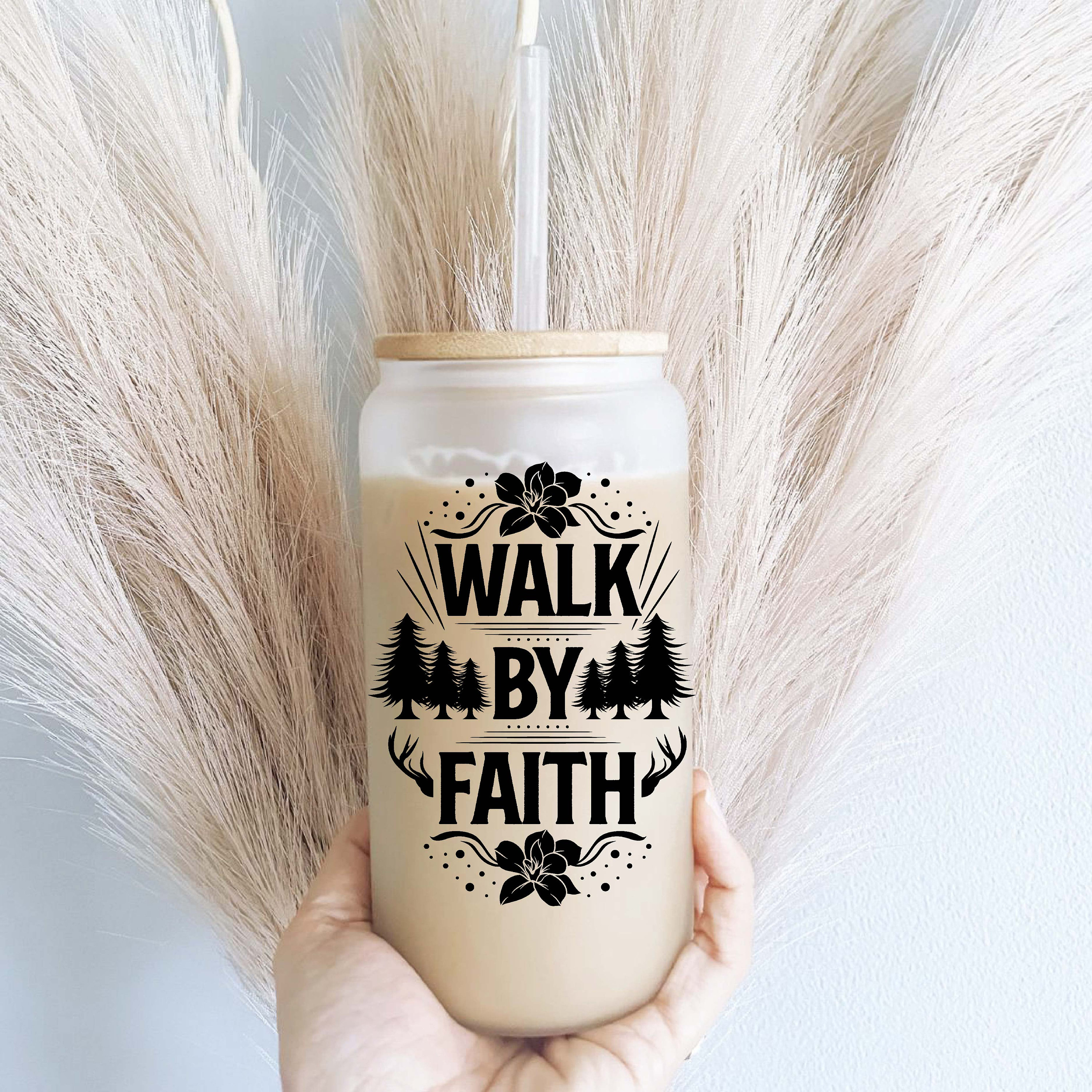 Walk by Faith Christian Iced Coffee Glass Cup With Lid Christian Faith ...