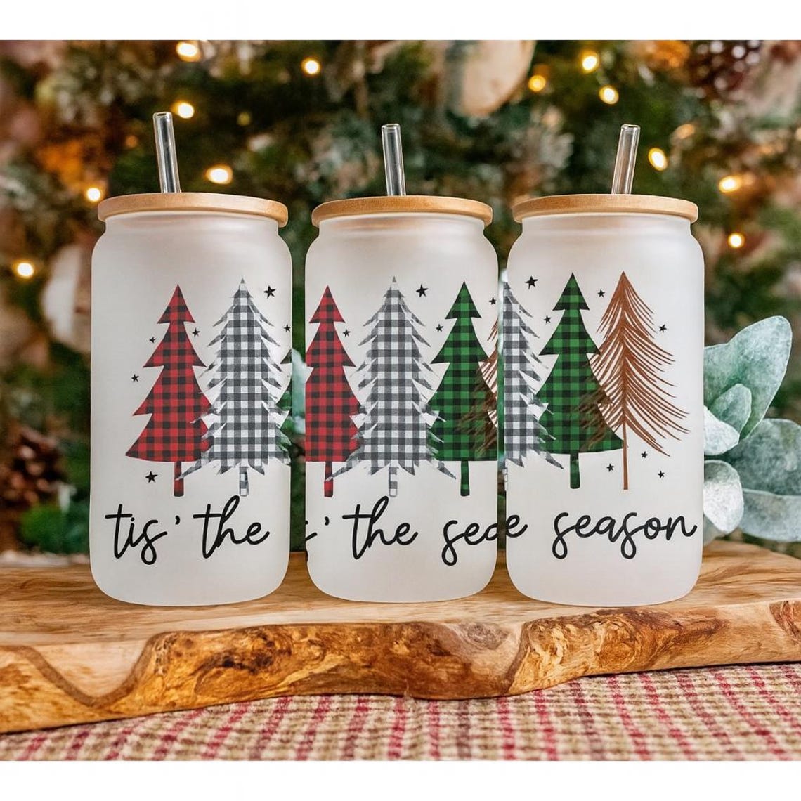 Tis the Season Glass Can | Frosted Christmas Tumbler With Bamboo Lid ...