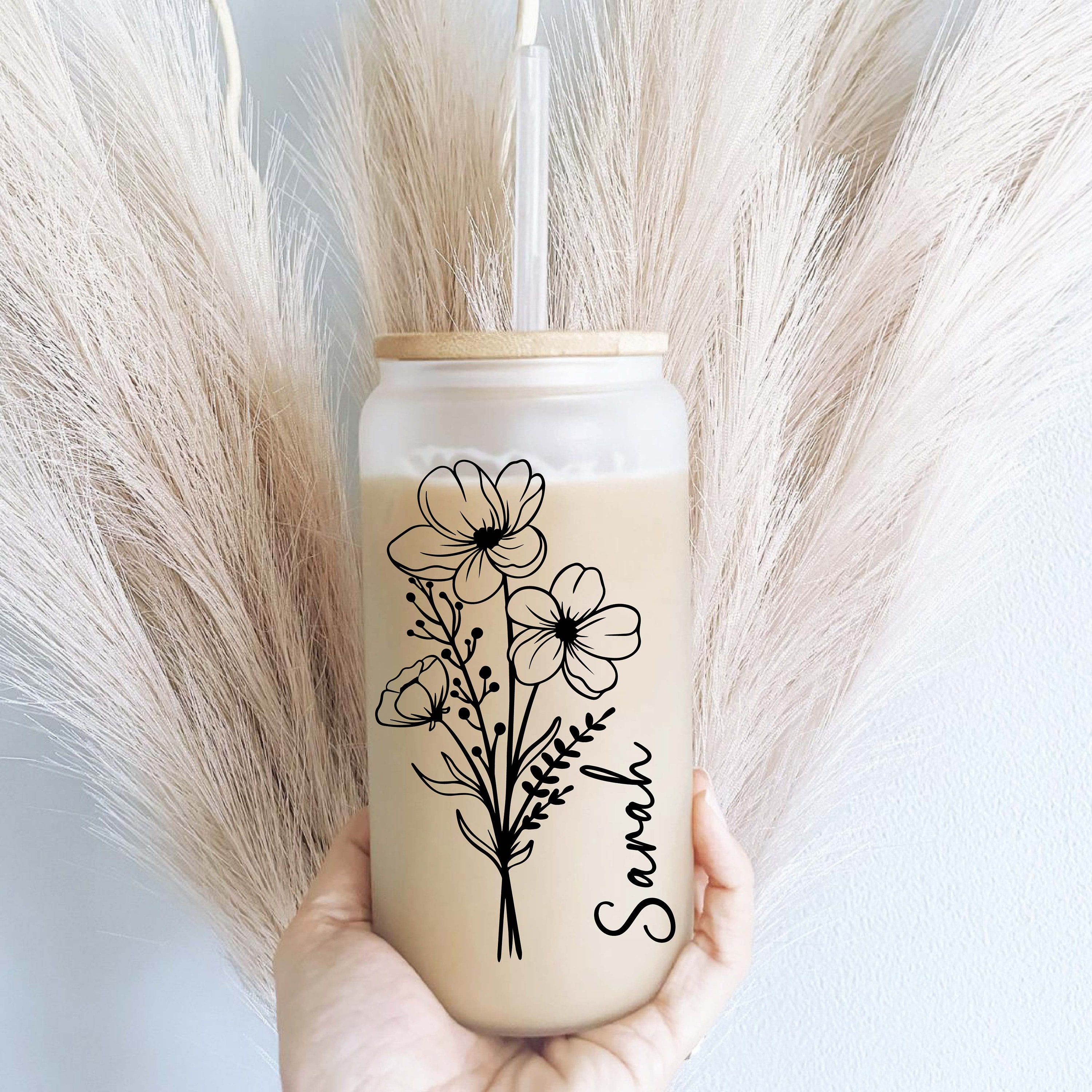 Wild Flower Iced Coffee Cups With Name & Lid Glass Tumbler Bridesmaid ...