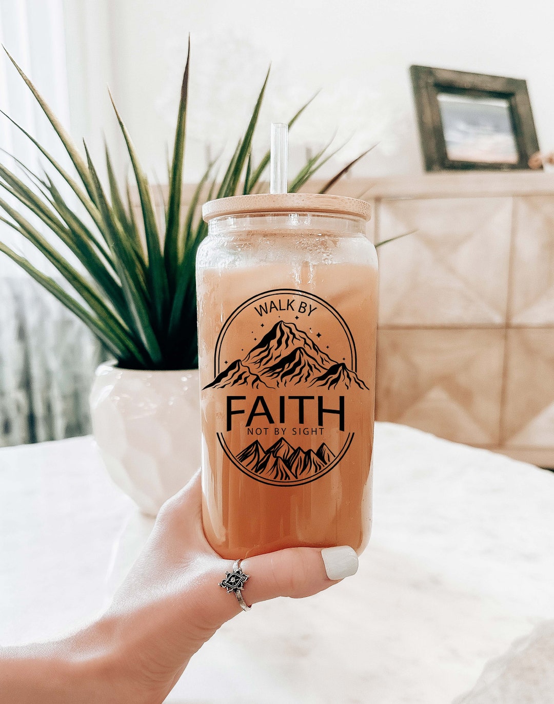 Walk by Faith Iced Coffee Glass Cup With Lid and Straw Christian Coffee ...