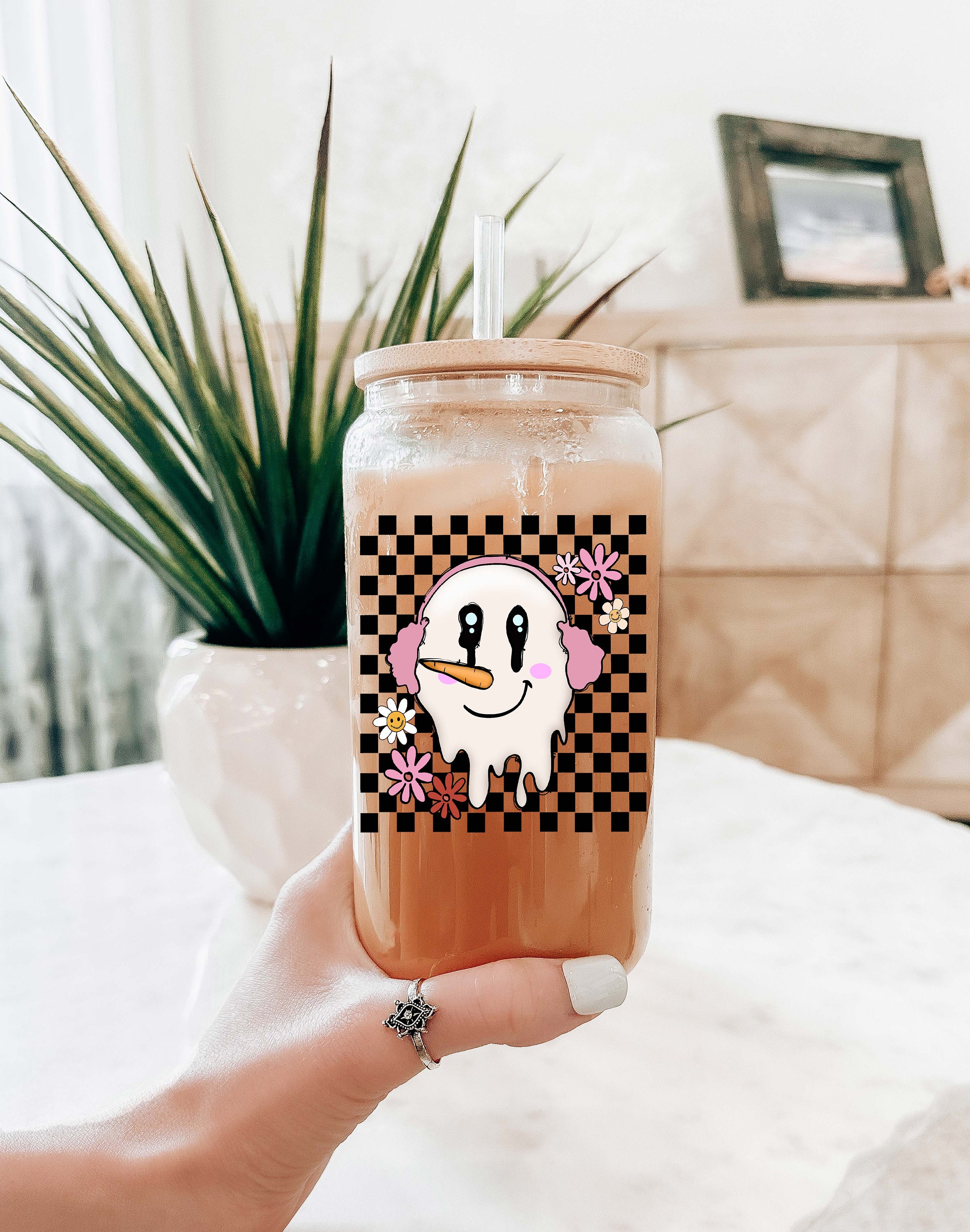 Snow Man Christmas Iced Coffee Glass Cup With Lid and Straw Iced Coffee ...
