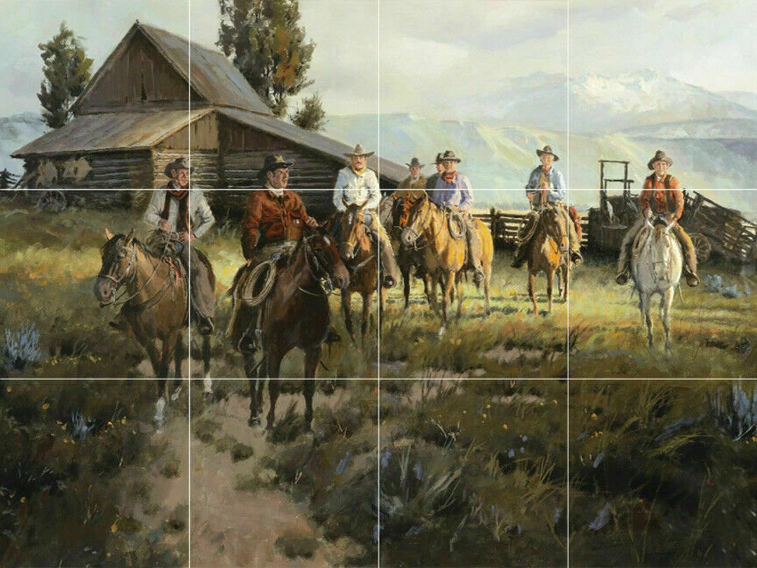 Country Western Cowboys Horses Cabin Ceramic Tile Mural Backsplash ...