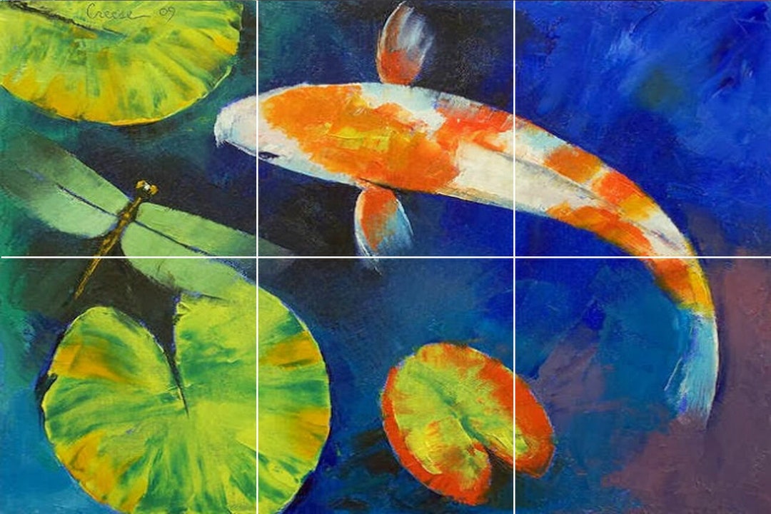 Koi Fish Carp Pond Lily Pad Dragonfly Garden Ceramic Tile Mural ...