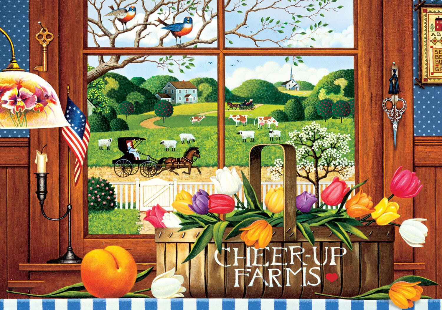 Open Window View of Old Country Farm With Animals Birds and Tulip ...