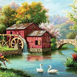 Country Watermill Lake Swan Flowers Garden Nature Ceramic Tile Mural ...