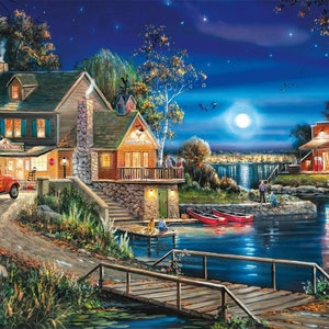 Country Night Scene Cabin Lake Fishing Ceramic Tile Mural Medallion ...