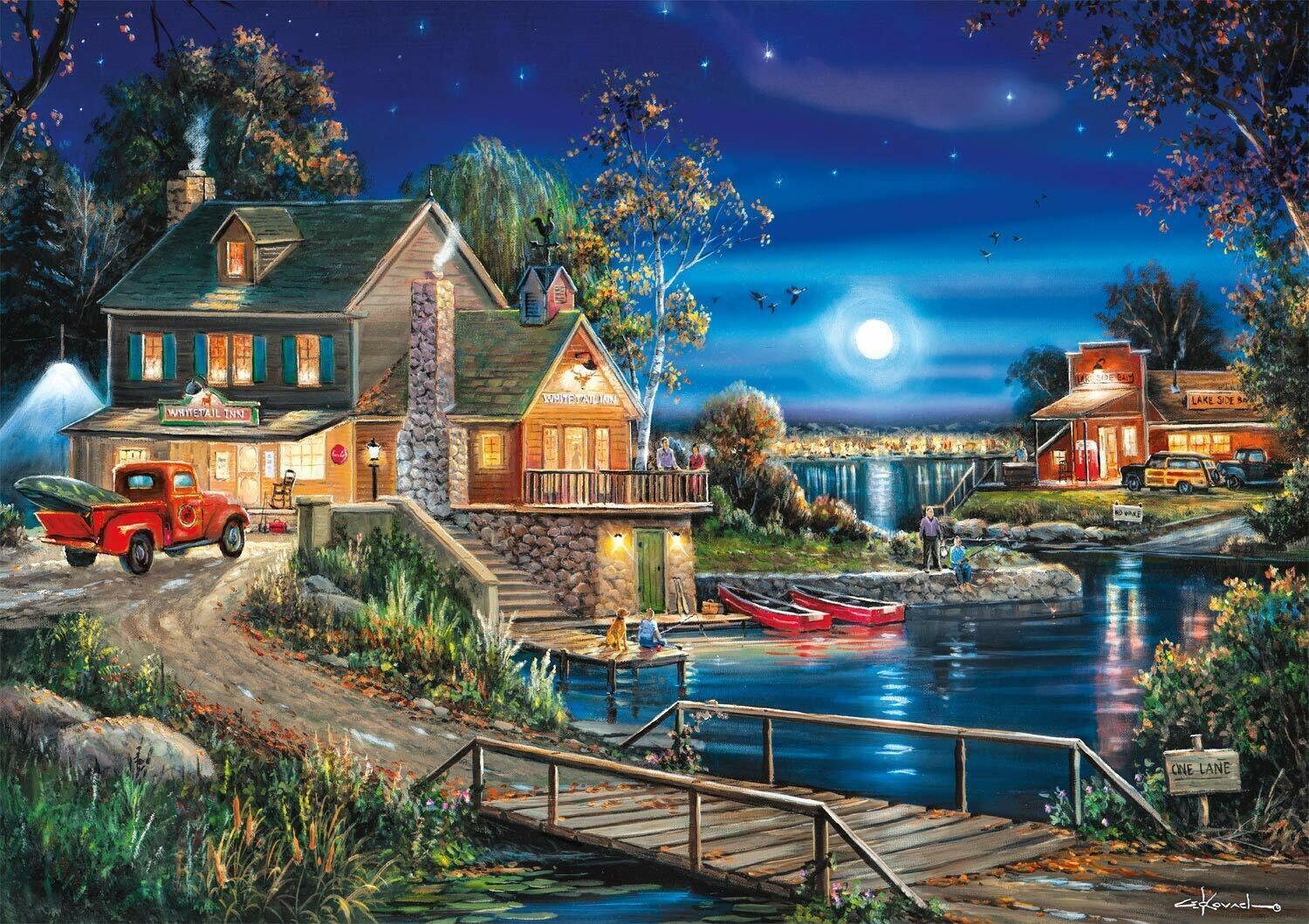 Country Night Scene Cabin Lake Fishing Ceramic Tile Mural Medallion ...