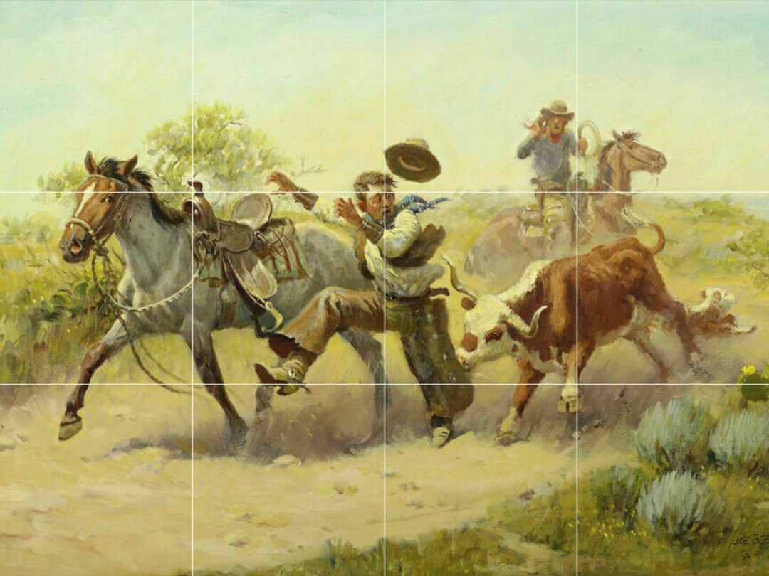 Country Western Cowboys Funny Animal Cow Ceramic Tile Mural Backsplash ...