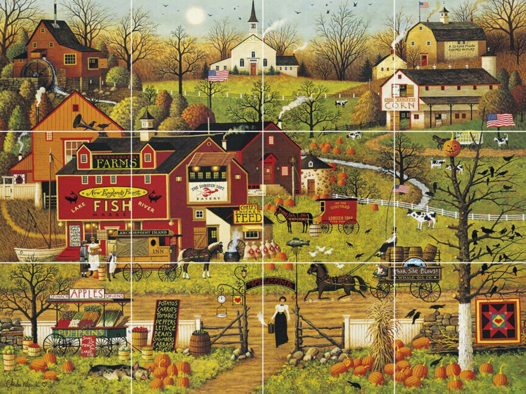 Old Country Farm Town Market Stores Animals Mills Ceramic Tile Mural ...