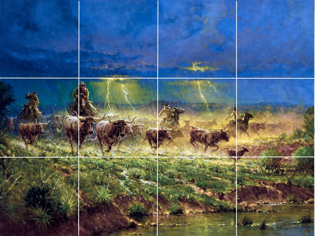 Country Western Cowboys Longhorn Cattle Trail Drive Cows Farm Ceramic ...