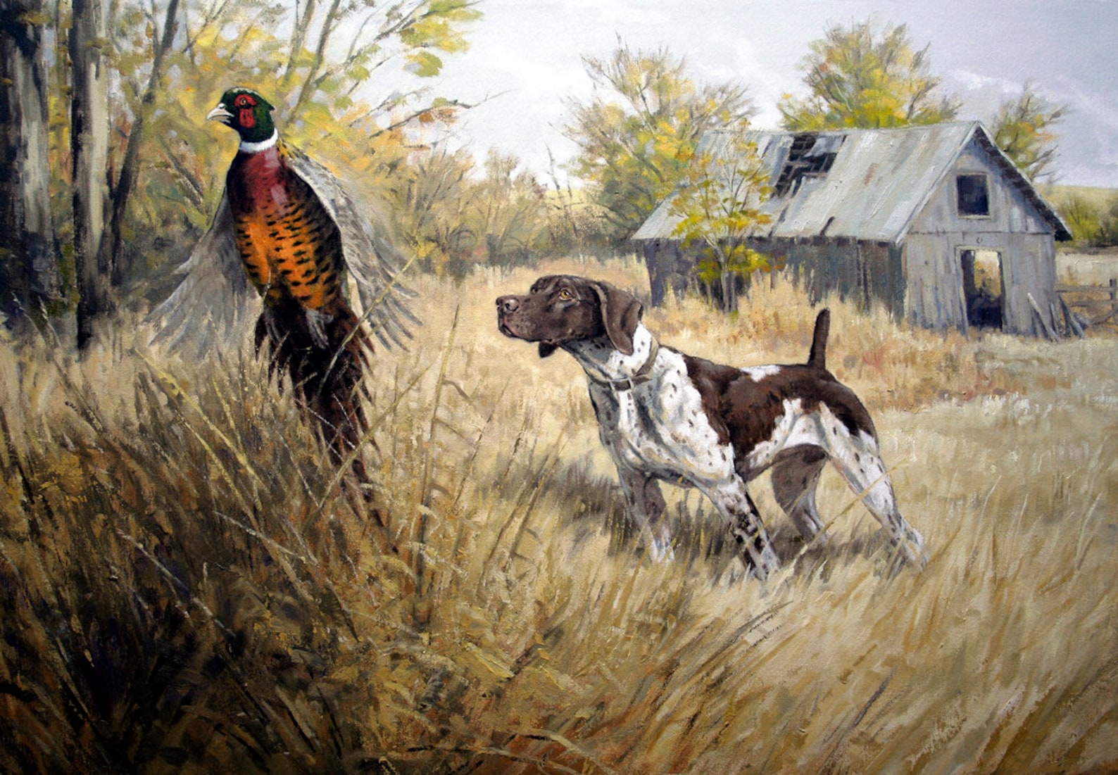 Pointer Hunting Dog Chasing Pheasant Bird Old Country Farm Painting ...