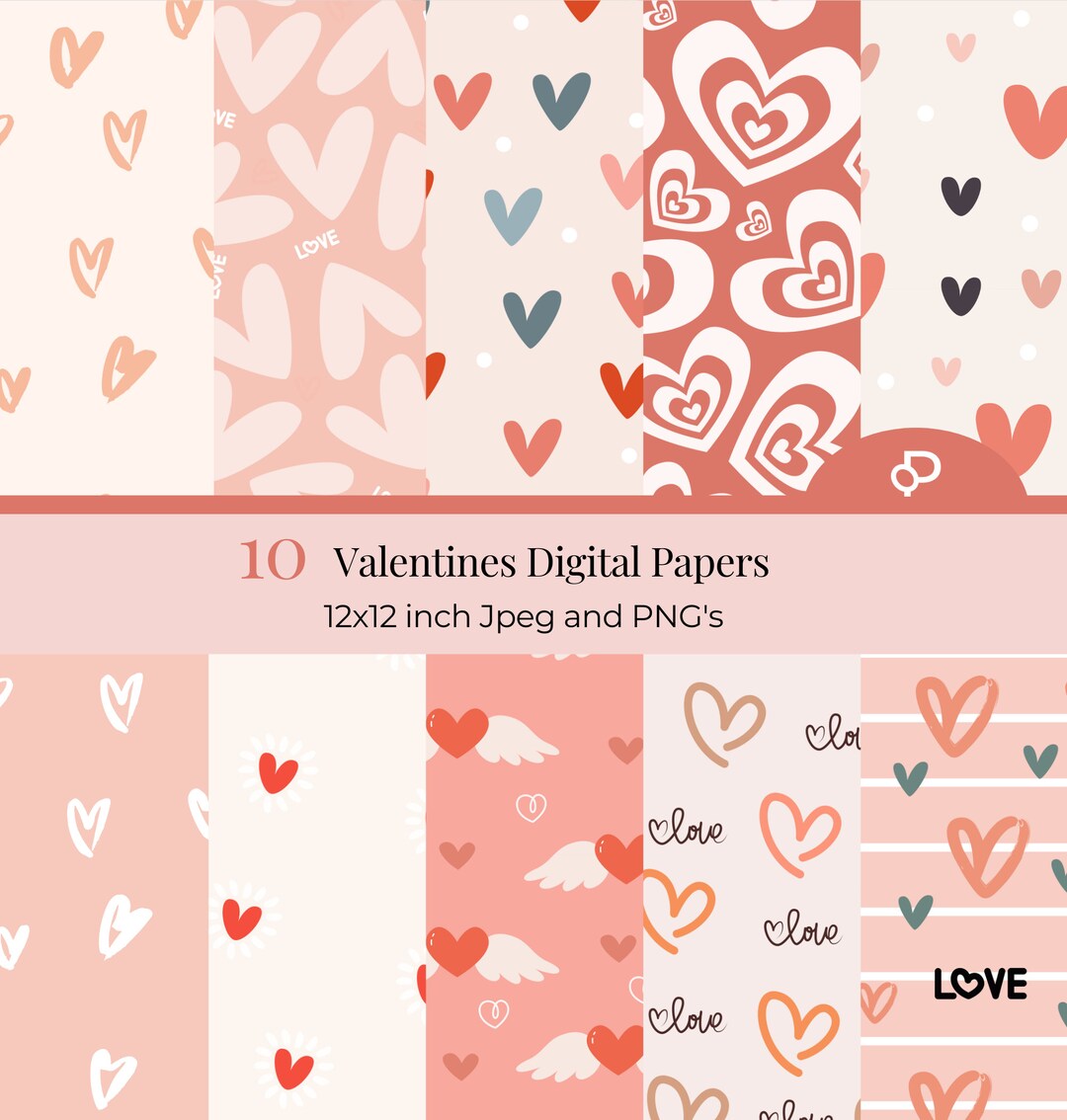 10 Valentines Digital Papers, Hearts,scrapbook Paper, Printable - Etsy