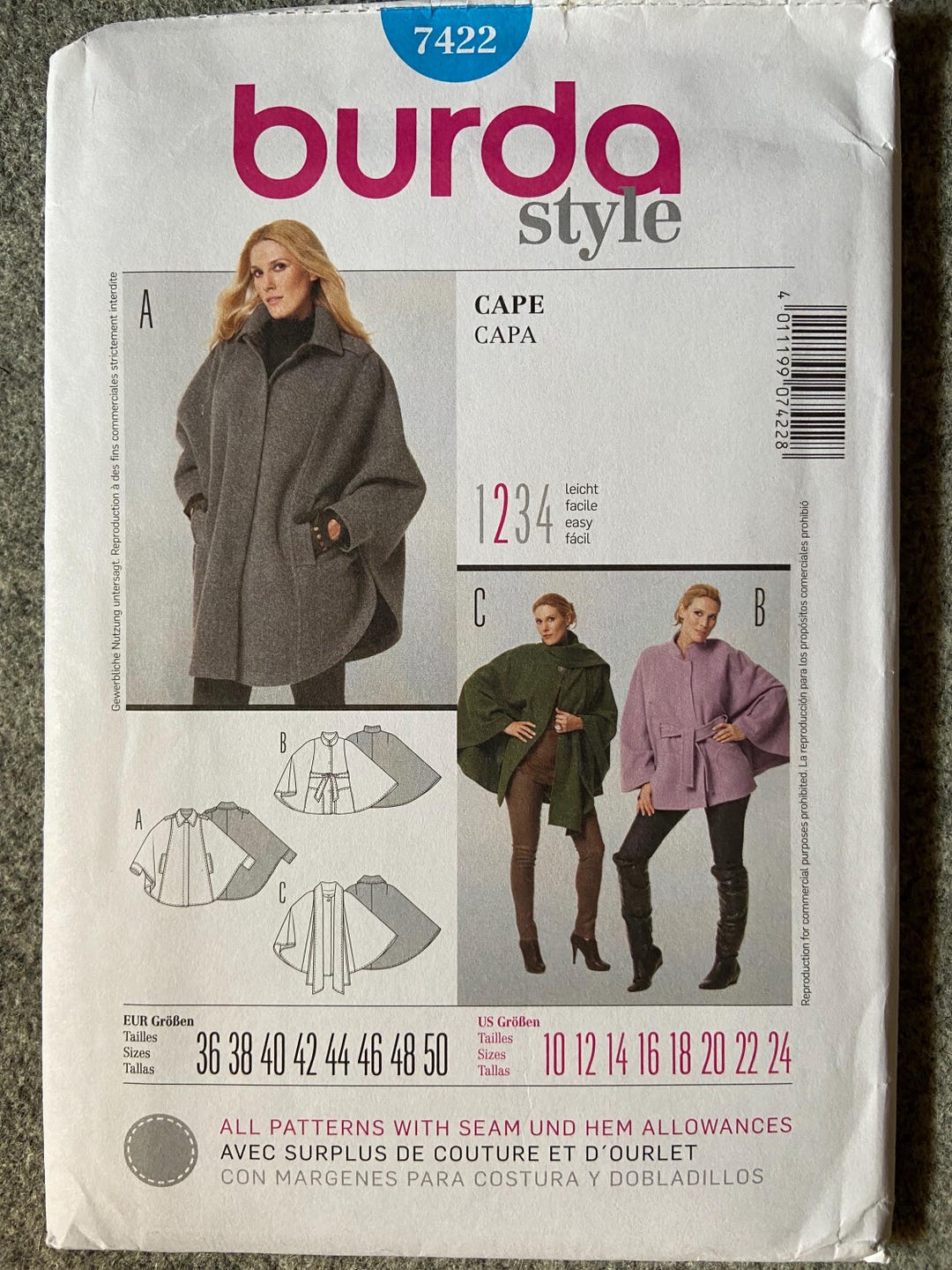 Burda Sewing Pattern for Capes, Coats, 7422 - Etsy
