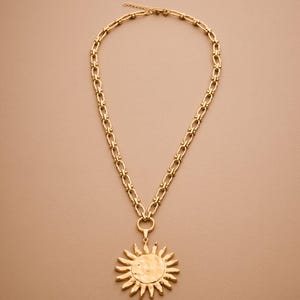 Gold Sun Necklace, Hammered Sun Pendant Chunky Chain Stacking Layered ...